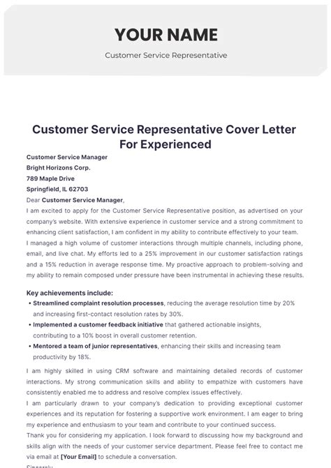 Free Customer Service Representative Cover Letter For Experienced