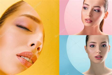 Collage De Hermosa Mujer Desnuda Con Maquillaje Brillante Mirando A