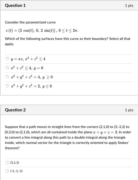 solved question 1 1 pts consider the parametrized curve c t