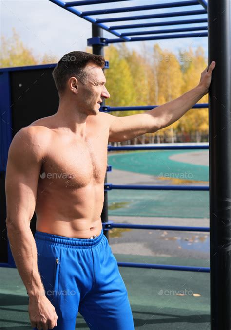 Middle Age Shirtless Man Resting After Outdoors Workout Stock Photo By
