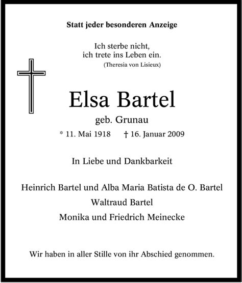 Traueranzeigen Von Elsa Bartel Trauer In NRW De