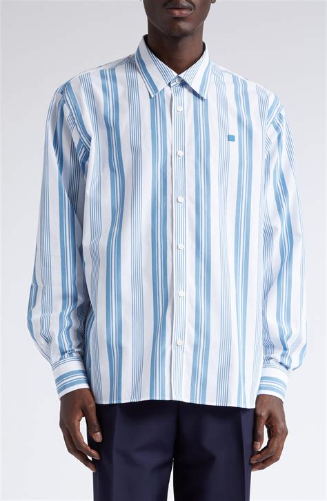 Acne Studios Gender Inclusive Stripe Face Patch Button Up Shirt In Blue