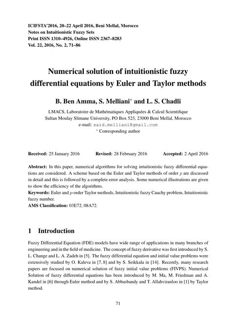 pdf numerical solution of intuitionistic fuzzy differential equations by euler and taylor methods