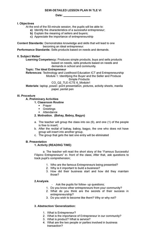 SEMI Detailed Lesson PLAN IN TLE 6 SEMI DETAILED LESSON PLAN IN TLE