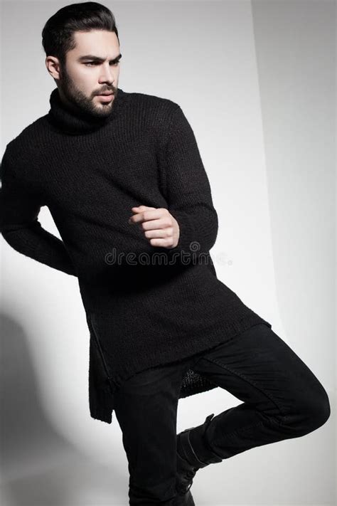 Fashion Man Model Top Naked Posing Dramatic Against Grunge Wall Stock