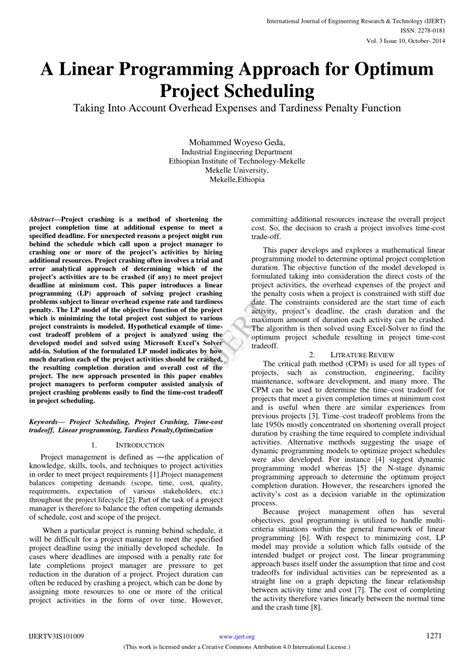 pdf a linear programming approach for optimum project scheduling taking into account overhead