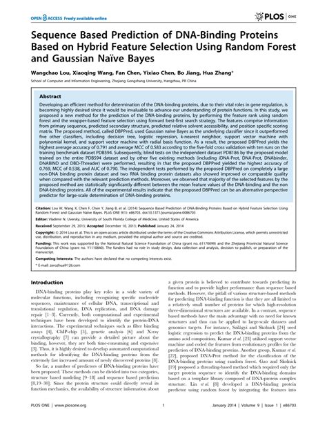 pdf sequence based prediction of dna binding proteins based on hybrid feature selection using