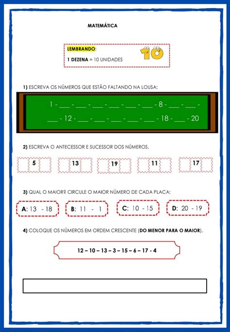 1º ano Atividades de matemática maior menor dezena e outros