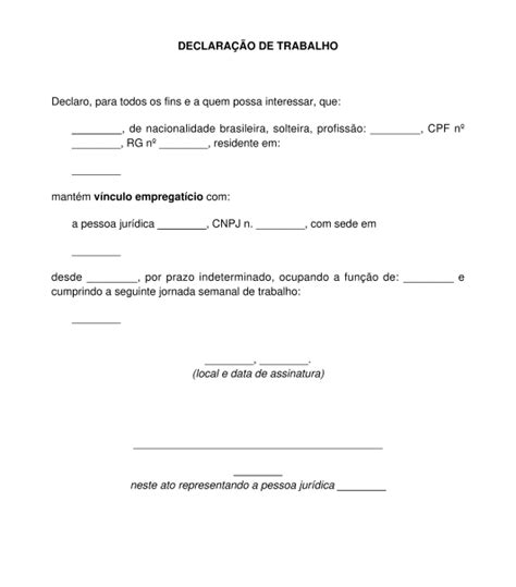 Declaração de Trabalho Modelo Exemplo Word e PDF