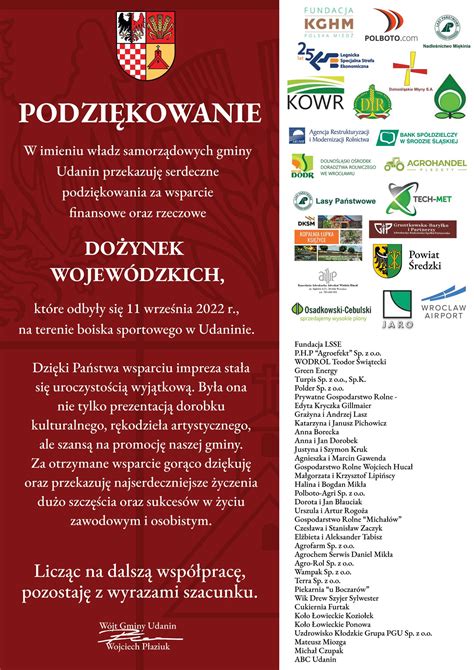 Podziękowanie za wsparcie finansowe i rzeczowe Dożynek Wojewódzkich