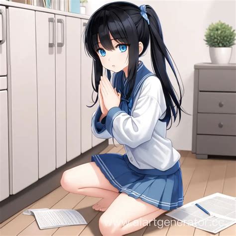 Adorable BlackHaired Anime Girl With Blue Eyes At Home Encouraging