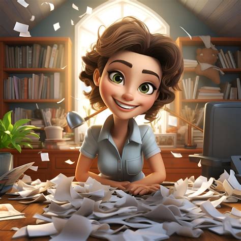 Ilustração 3D de uma garota de desenho animado bonita cercada por