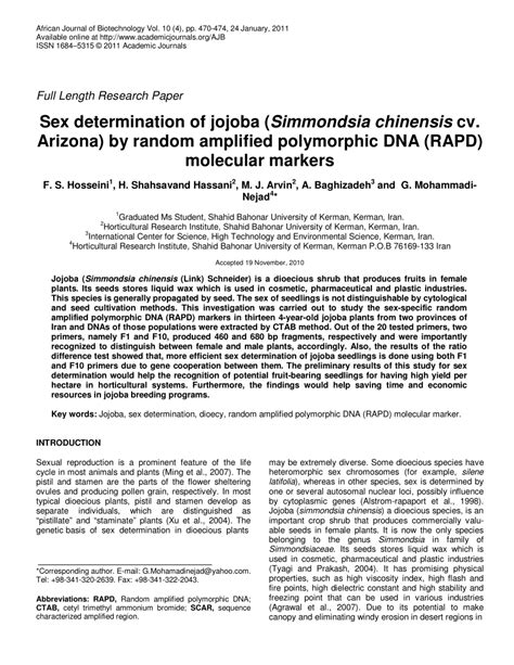 pdf sex determination of jojoba simmondsia chinensis cv arizona by random amplified