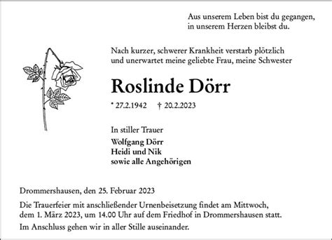 Traueranzeigen Von Roslinde D Rr Vrm Trauer De