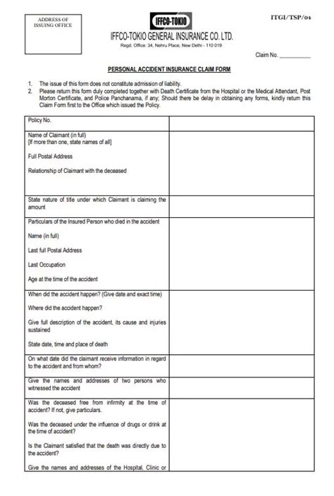 PDF IFFCO Tokio Personal Accident Insurance Claim Form PDF Panot Book