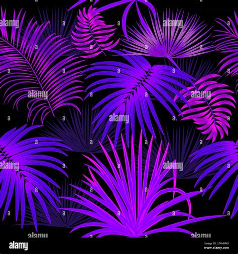 Azul neón y púrpura patrón sin costuras con hojas tropicales de palmera