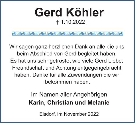 Traueranzeigen von Gerd Köhler Harztrauer de