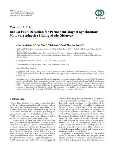 pdf robust fault detection for permanent magnet synchronous motor via adaptive sliding mode