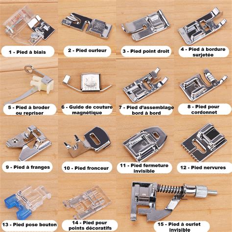 Lot de 15 pieds standards pour machine à coudre Coudre Couture et