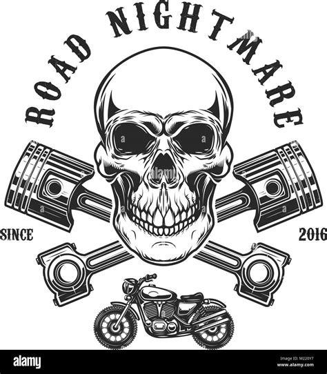 Road Nightmare Human Skull With Crossed Pistons Design Element For