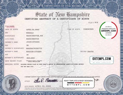 Usa New Hampshire State Birth Certificate Template In Psd Format Fully