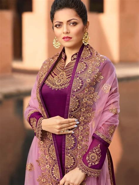 Drashti Dhami Wine Satin Georgette Embroidered Straight Cut Suit