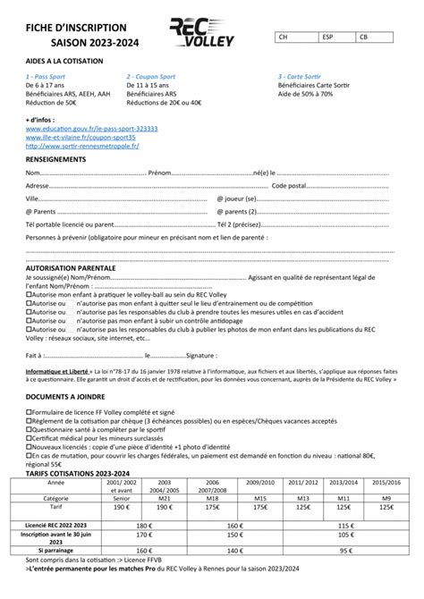 Formulaire Dinscription REC Volley REC Volley