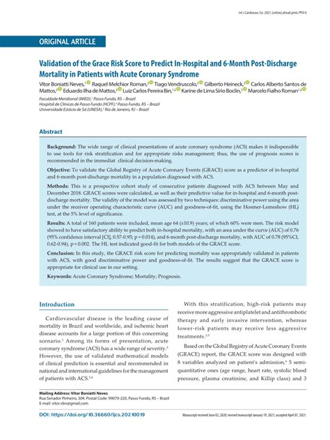PDF Validation Of The Grace Risk Score To Predict In Hospital And 6