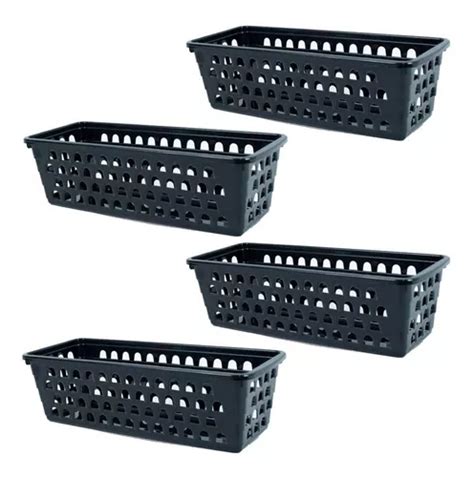 Kit 4 Cestos Comprido Retangular Preto 28x11x8 Cm Parcelamento Sem Juros