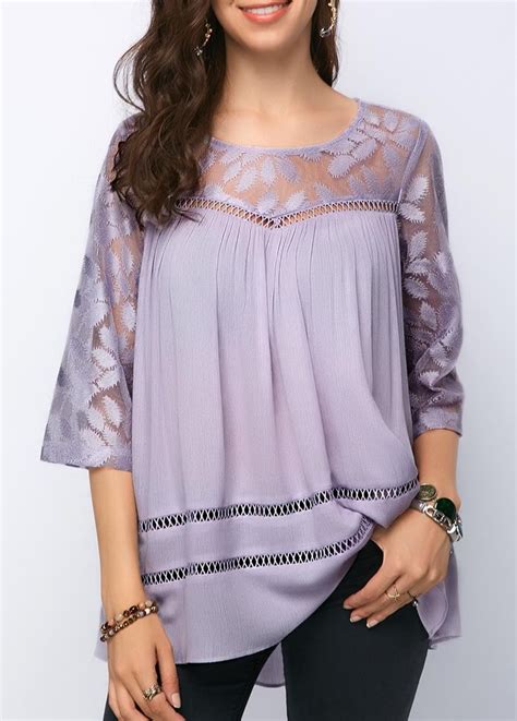 Light Purple Mesh Panel Three Quarter Sleeve Blouse Liligal USD