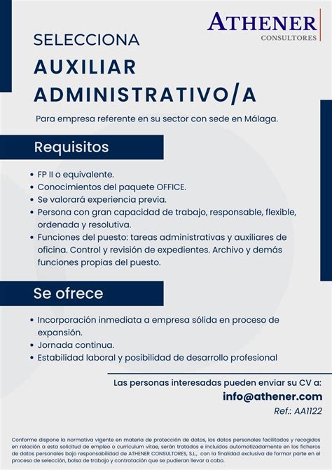 Oferta De Empleo Auxiliar Administrativo A Athener Consultores