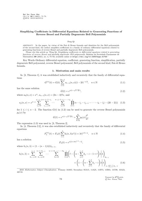 pdf simplifying coefficients in differential equations related to generating functions of