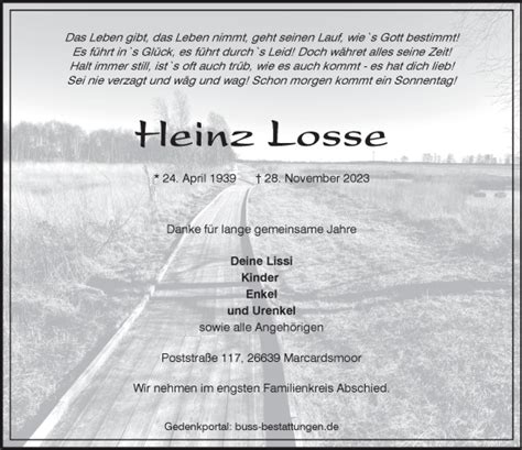 Traueranzeigen Von Heinz Losse Nordwest Trauer De