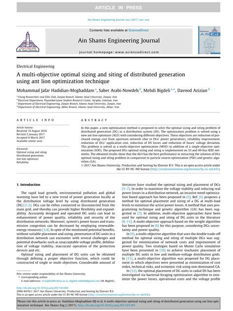 pdf a multi objective optimal sizing and siting of distributed generation using ant lion