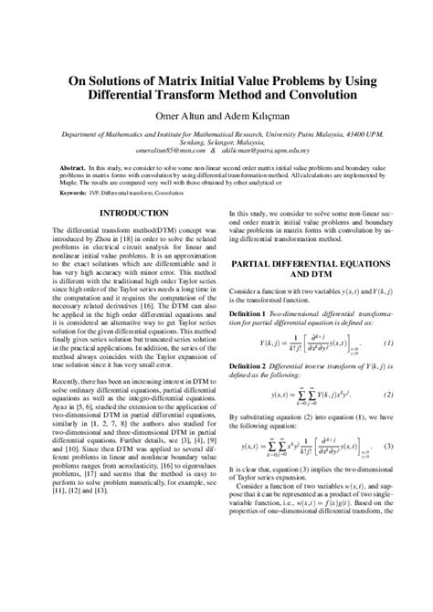 pdf on solutions of matrix initial value problems by using differential transform method and