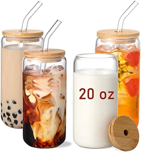 VITEVER Lot De 4 Gobelets En Verre De 591 Ml Avec Couvercles En Bambou