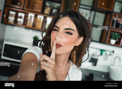 Pretty Attractive Woman Taking Selfie Close Up Woman Hold Camera Take