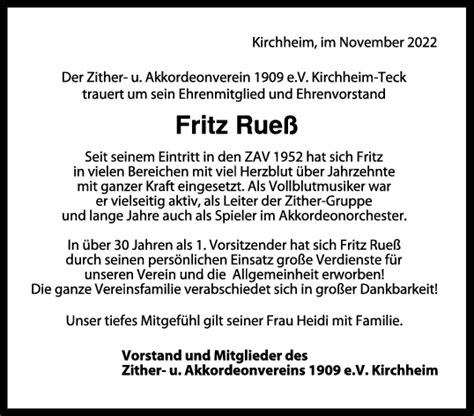 Trauer Fritz Rueß 28 11 2022 Teckbote Trauerportal