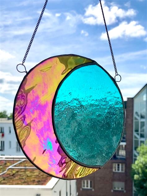 Stained Glass Moon Suncatcher Moon Iridiscent Moon Window Etsy