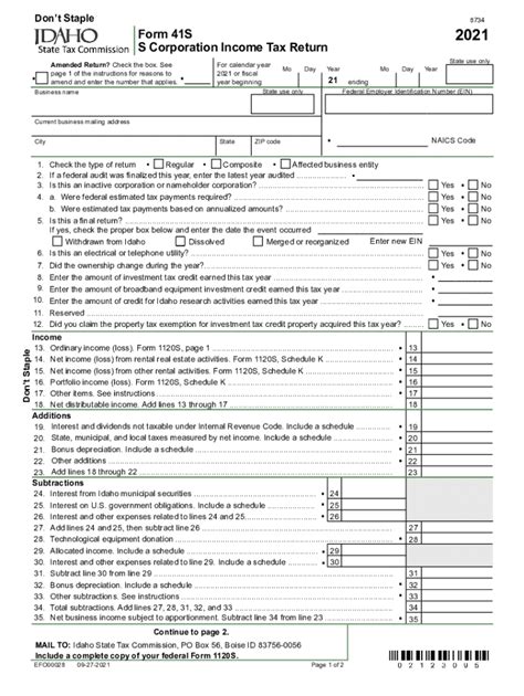 Fillable Online Tax Idaho Form 41S S Corporation Income Tax Return And