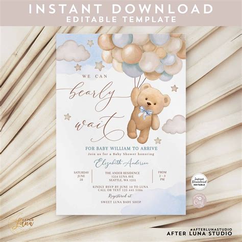 Editable Blue We Can Bearly Wait Teddy Bear Balloon Bear Theme Etsy