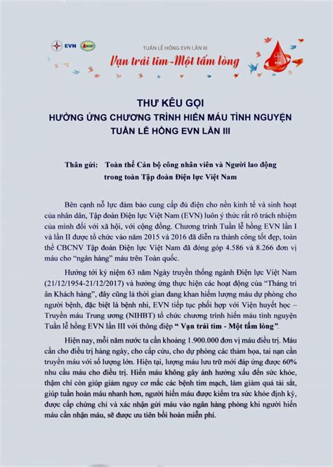 Thư kêu gọi hưởng ứng chương trình hiến máu tình nguyện tuần lễ hồng