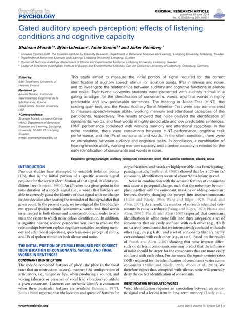 pdf gated auditory speech perception effects of listening conditions and cognitive capacity