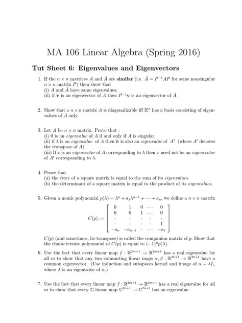 ma 106 linear algebra spring 2016 tut sheet 6 eigenvalues and eigenvectors pdf