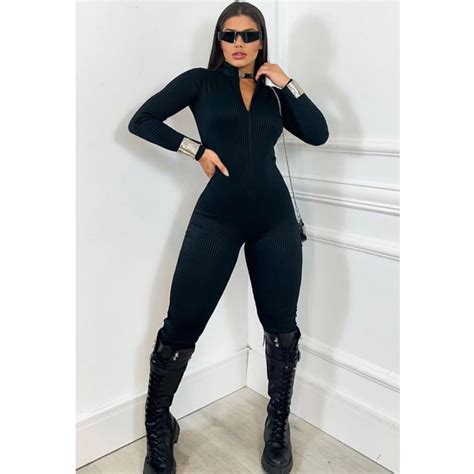 Macacão Manga Longa Canelado Gringa Preto Feminino Zíper