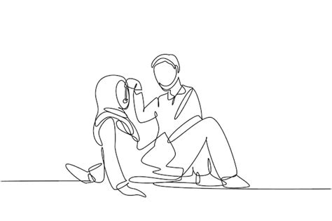 Dibujo de una sola línea continua pareja árabe romántica haciendo