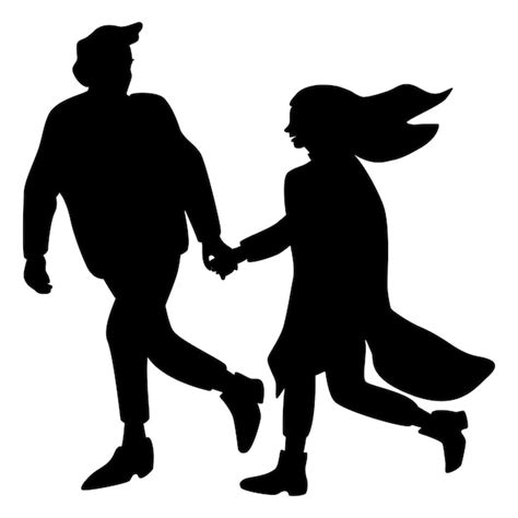 Siluetas De Hombre Y Mujer Corriendo Juntos Tomados De La Mano Pareja