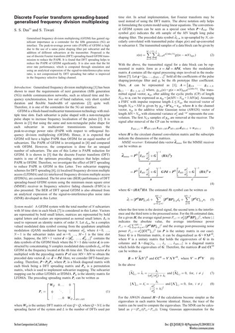 pdf discrete fourier transform spreading based generalised frequency division multiplexing