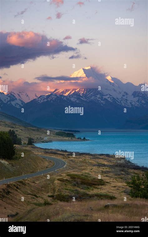 View Of Mount Cook With Road And Lake Sunset Lake Pukaki Mount Cook