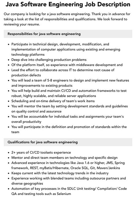Java Software Engineering Job Description Velvet Jobs
